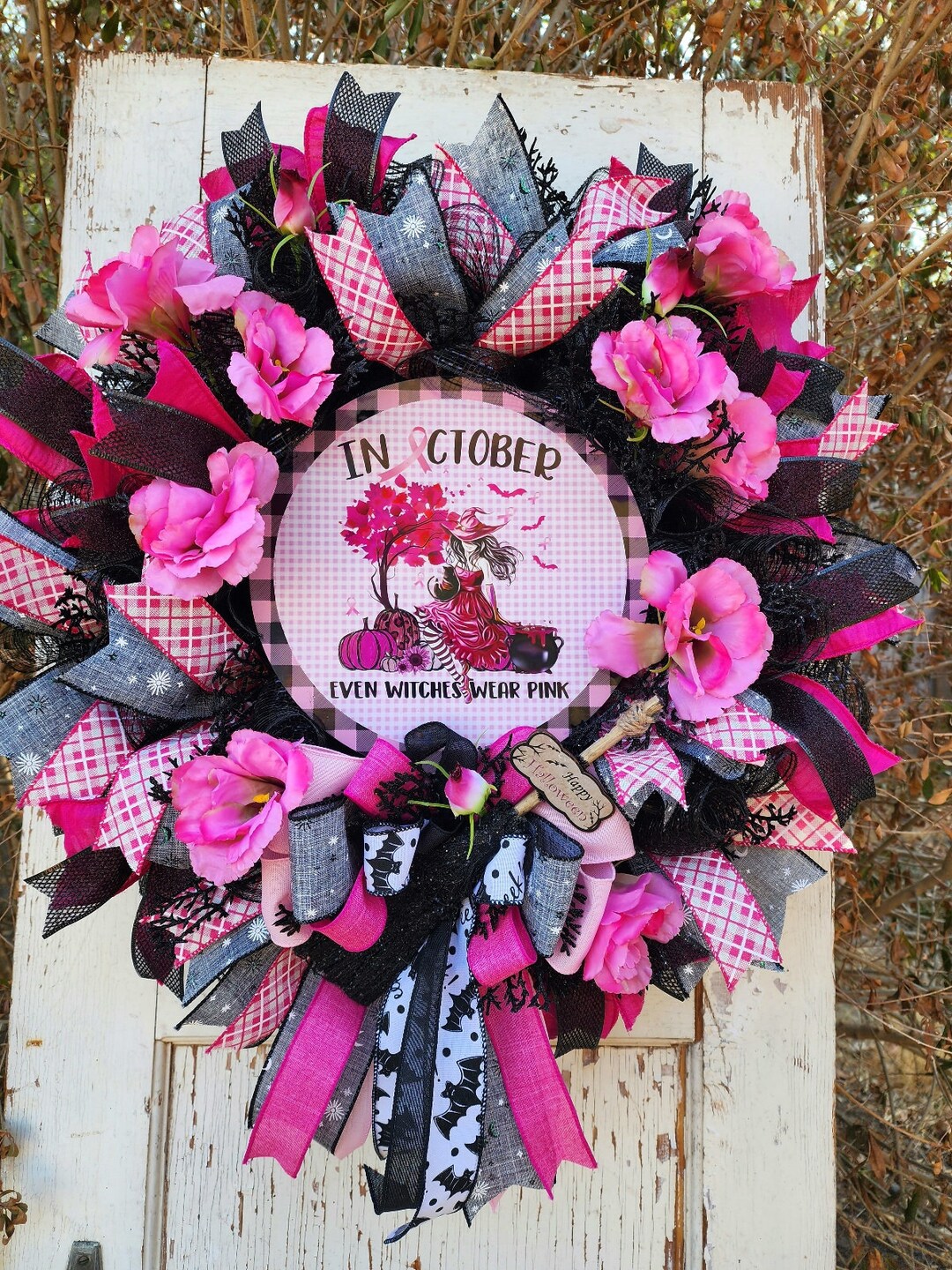 Halloween Breast Cancer Witch Pink Wreath, Pink and Black Broom Decor ...