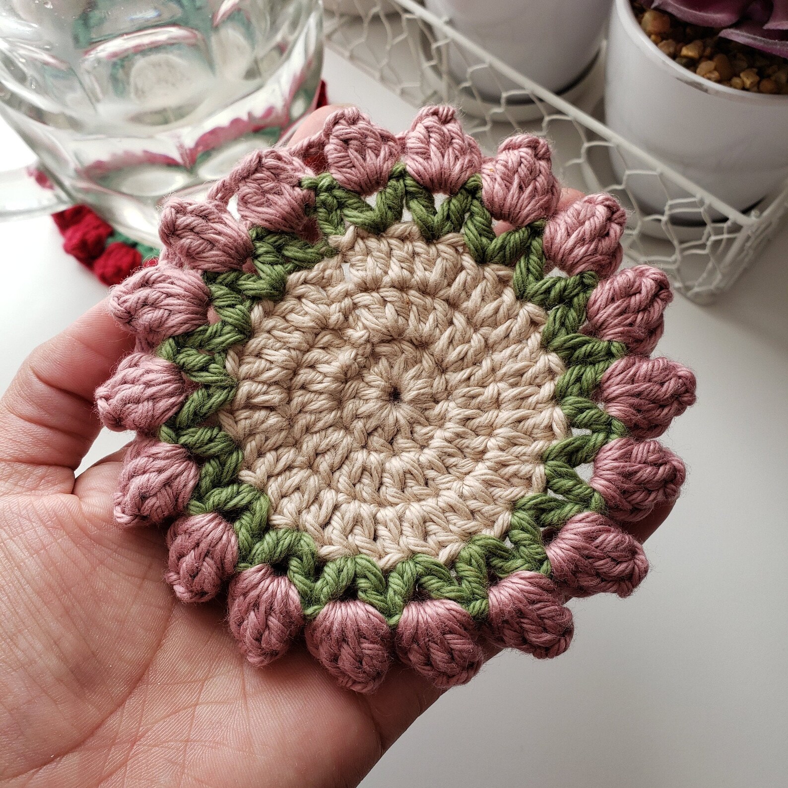 Tulip Coaster Set Crocheted Flower Coasters Red Tulip | Etsy