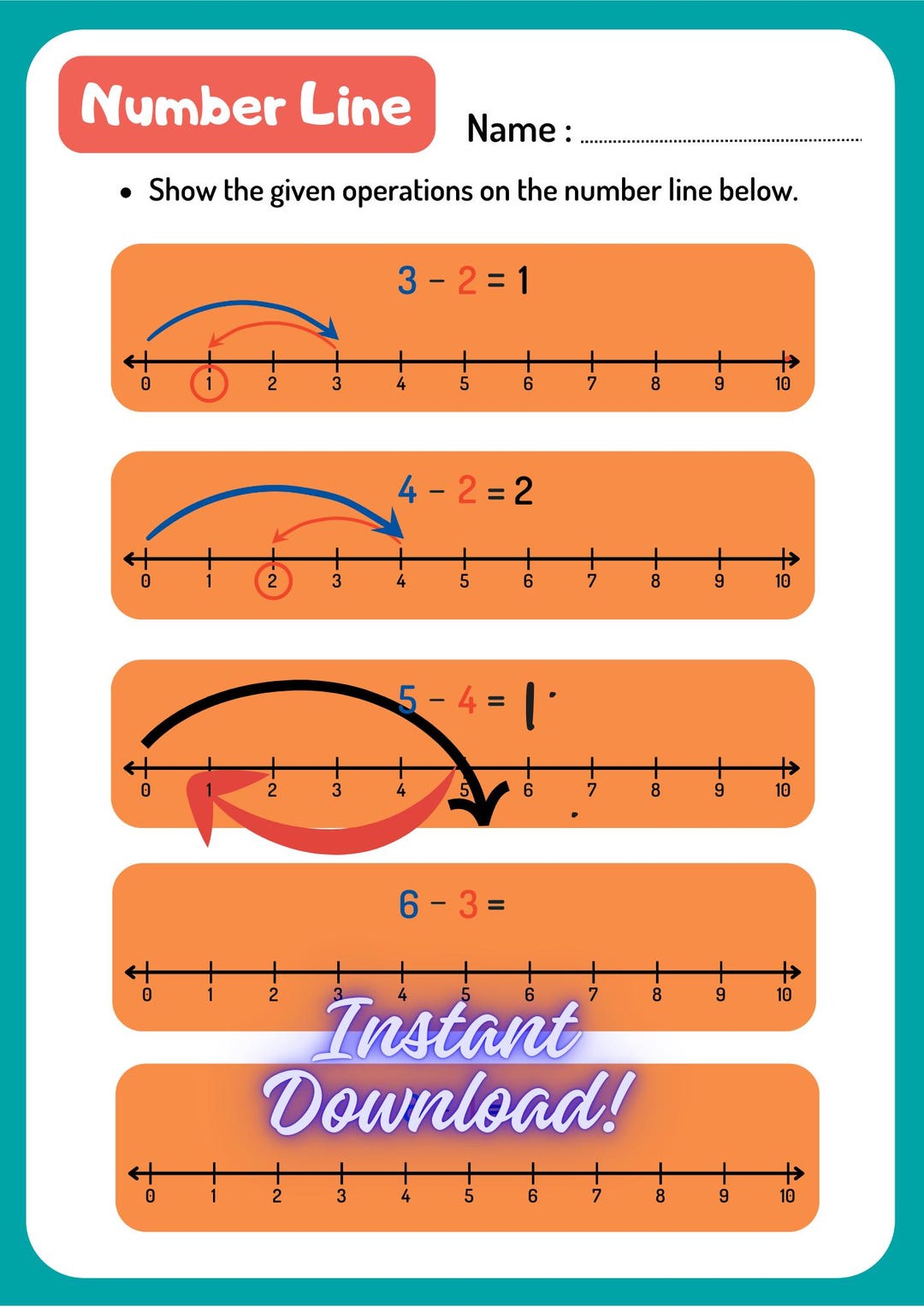 10 Numberline Subtraction Worksheets - Etsy