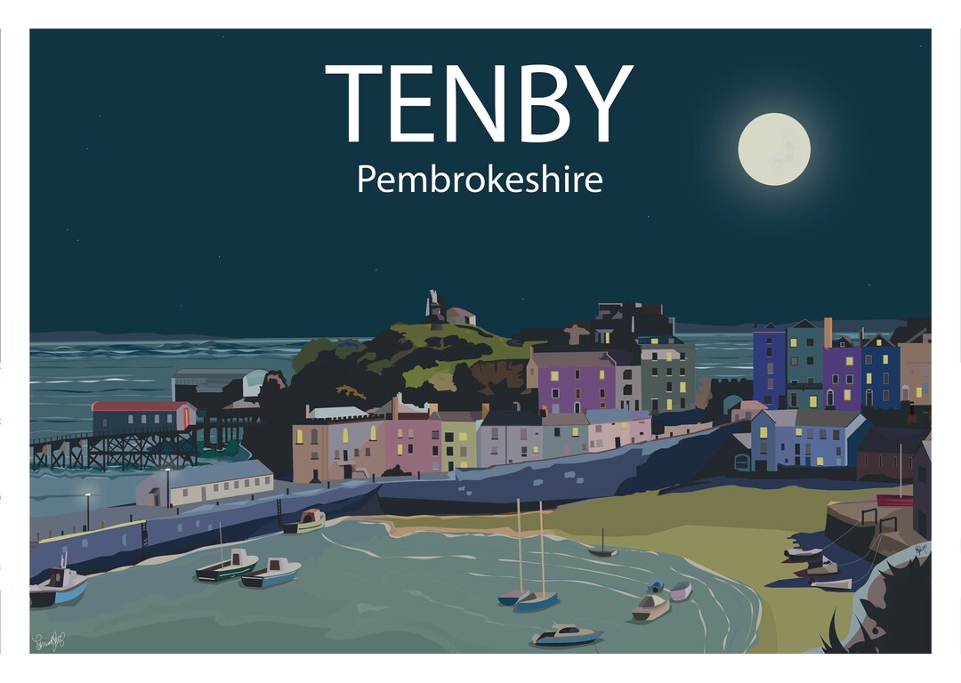 Tenby Art Print Poster Travel Wall Poster of Tenby by Night ...