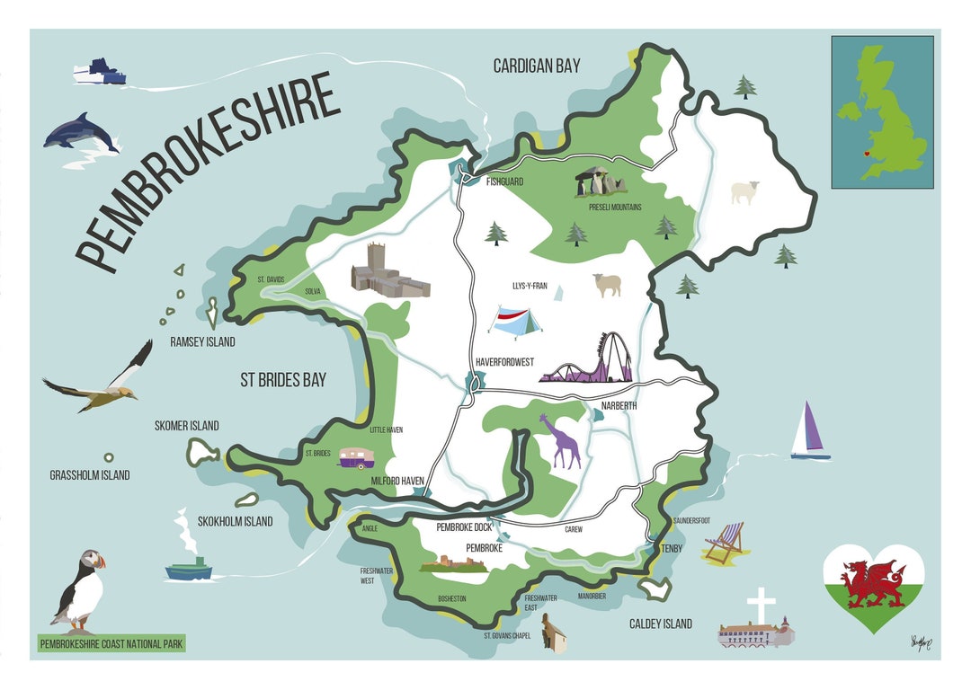 Map of Pembrokeshire Art Print Wall Poster South West Wales. Map ...