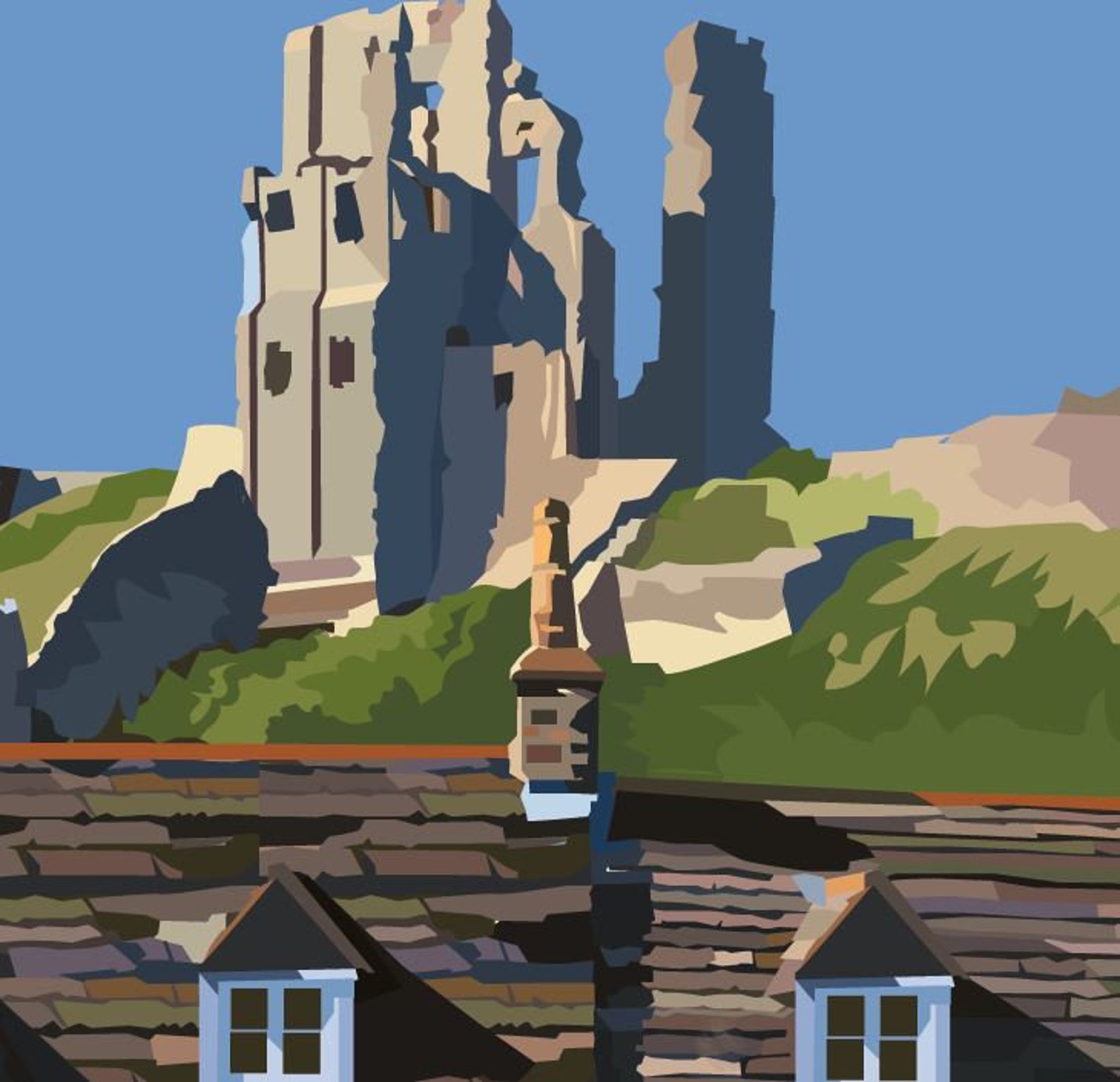 Corfe Castle Art Print Dorset Travel Wall Poster. Hand Drawn - Etsy