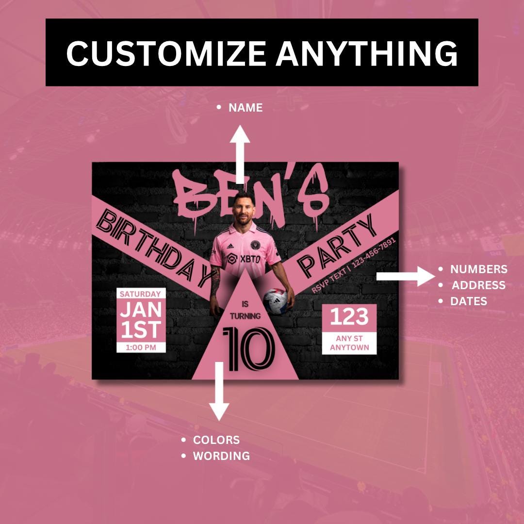 Pink Inter Miami Soccer Birthday Invitation: Editable Template (digital ...