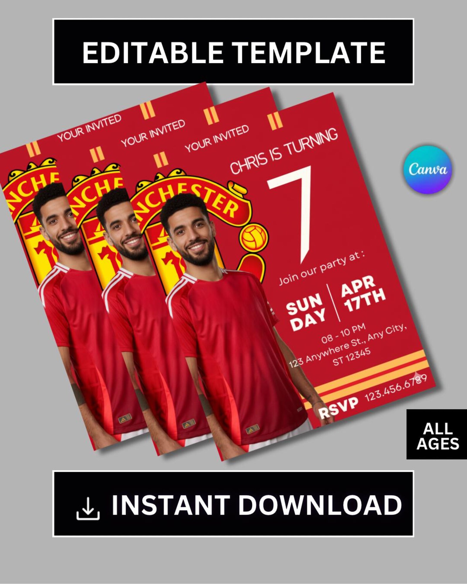 Manchester United Inspired Birthday Invitation | Editable Soccer ...