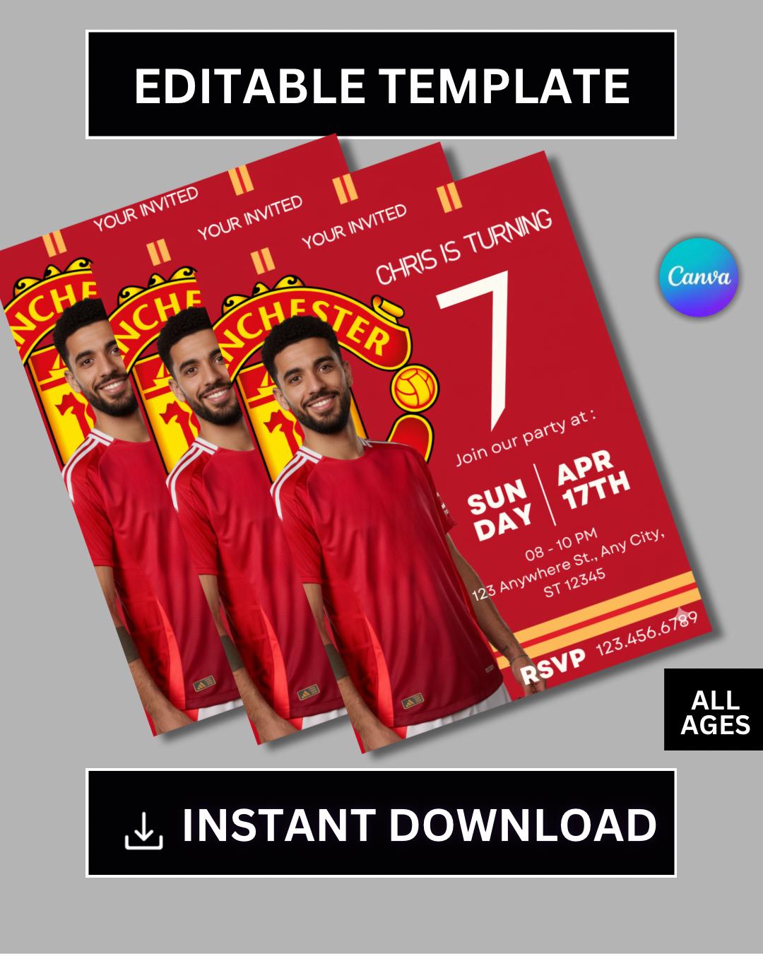 Manchester United Inspired Birthday Invitation | Editable Soccer ...