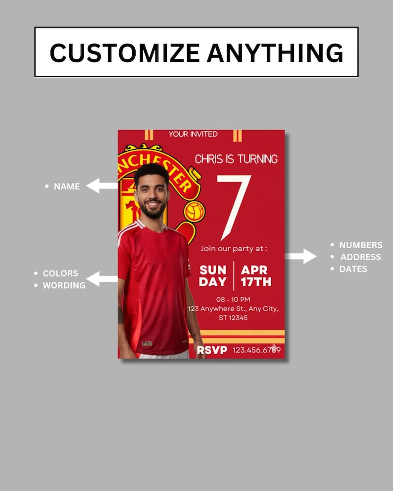 Manchester United Inspired Birthday Invitation | Editable Soccer ...