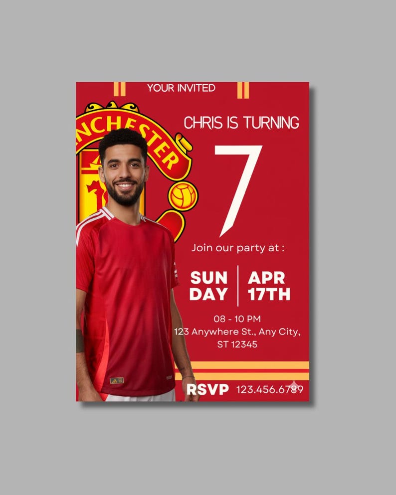 Manchester United Inspired Birthday Invitation | Editable Soccer ...