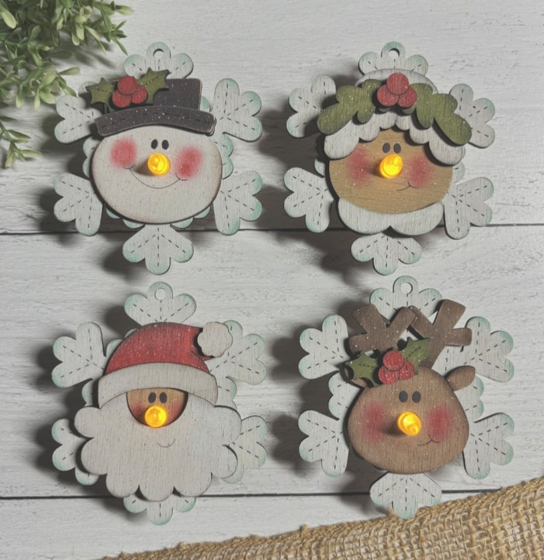 Snowflake Tea Light Nose Ornament Set, Snowman, Reindeer, Santa, Mrs ...