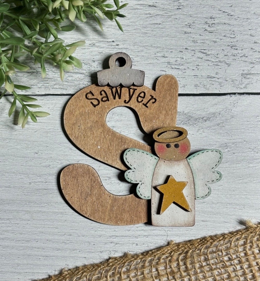 Stitched Angel Alphabet Ornament Set! Star, Customizable, Gingham, Tag ...