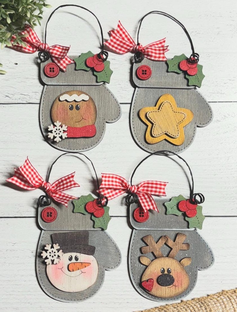 Mitten Ornament Set, Snowman, Reindeer, Gingerbread, Star, Holly ...
