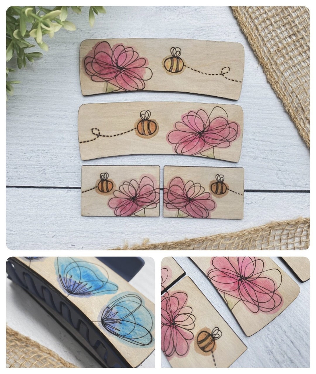 Free Motion Inspired Bee With Flower Hair Clips, 3 Sizes Included, Wood ...