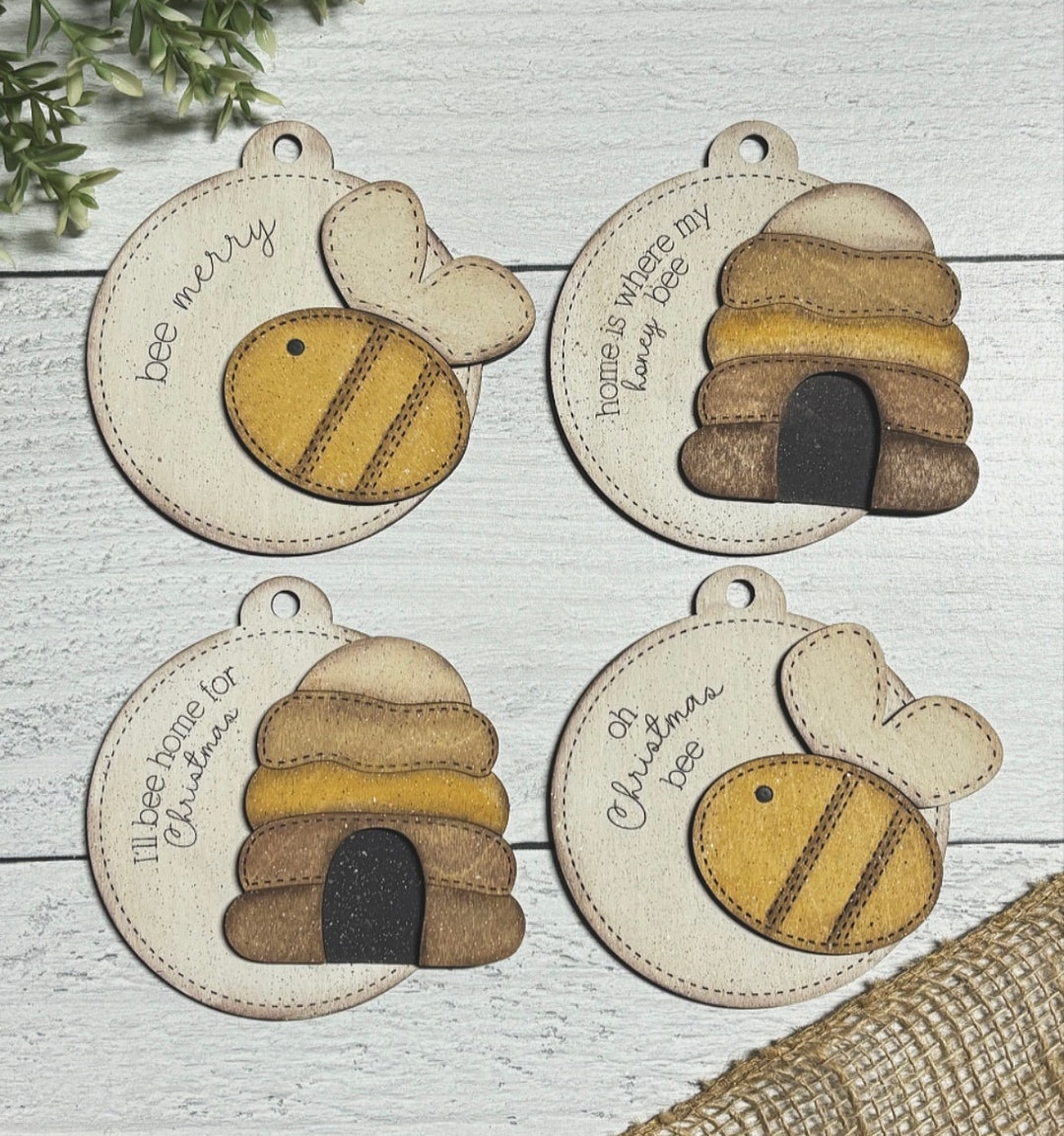 Stitched Bee and Hive Ornament Set, Merry, Christmas, Home, Honey, Skep ...