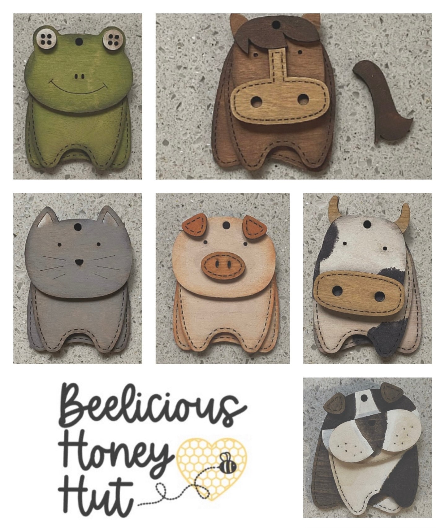 Hand Stitched Farm Keychains! Wood Keepsake, Gift, Frog, Pig, Cat ...