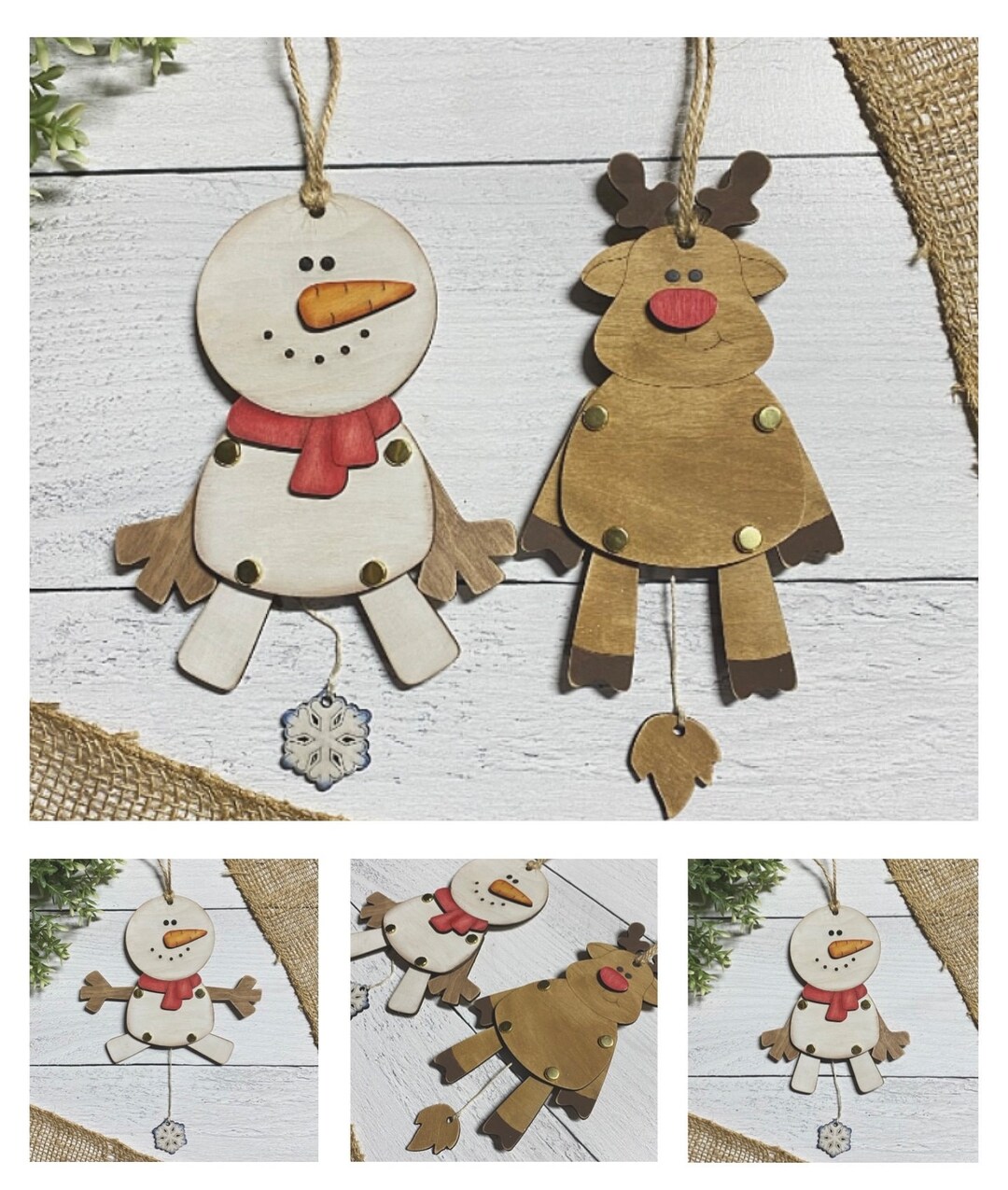 Snowman and Reindeer Wood Puppet Ornament Set, Dangle Legs, Doll ...