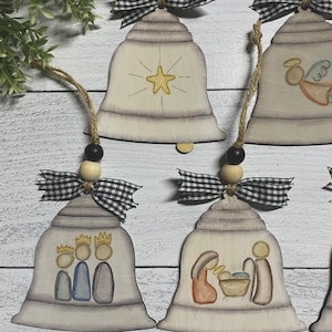 Nativity Bell Ornament Set, Christmas, Believe, Baby Jesus in a Manger ...