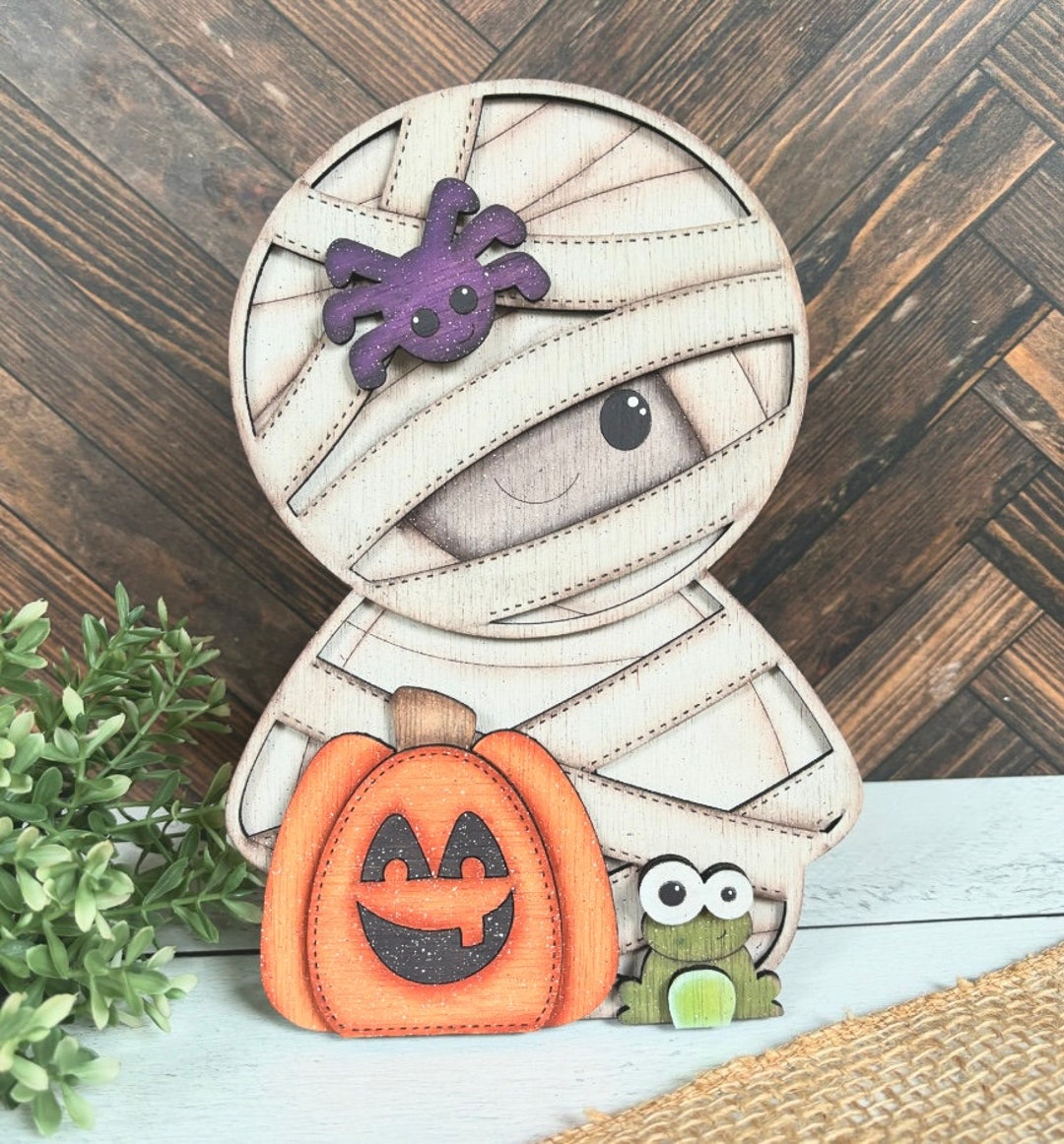 Stitched Mummy Shelf Sitter! Halloween, Spider, Toad, Jack O' Lantern ...