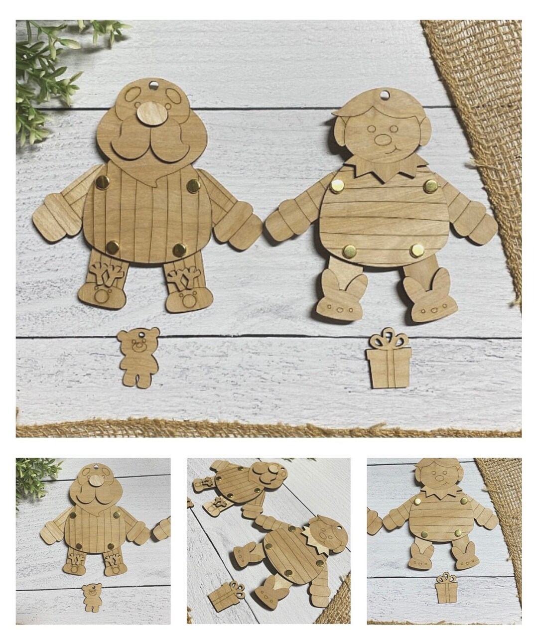 Santa and Elf Wood Puppet Ornament Set, Dangle Legs, Gift, Doll ...