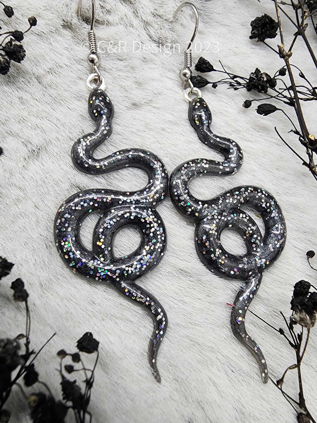 Snake Earrings, Glitter Snake Dangle Earrings: Black Resin Serpent ...