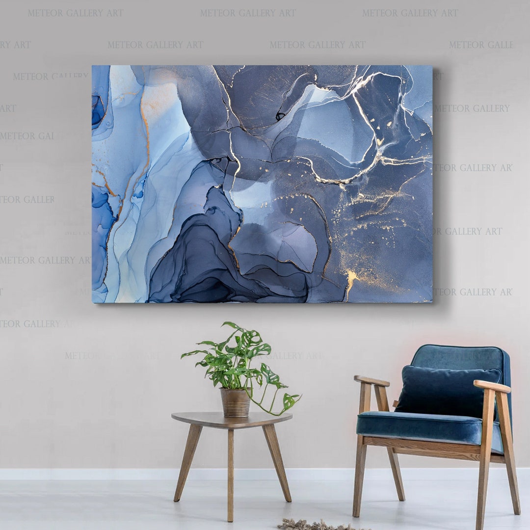 Navy Blue Abstract Canvas Print, Abstract Blue Wall Art, Marble Blue ...