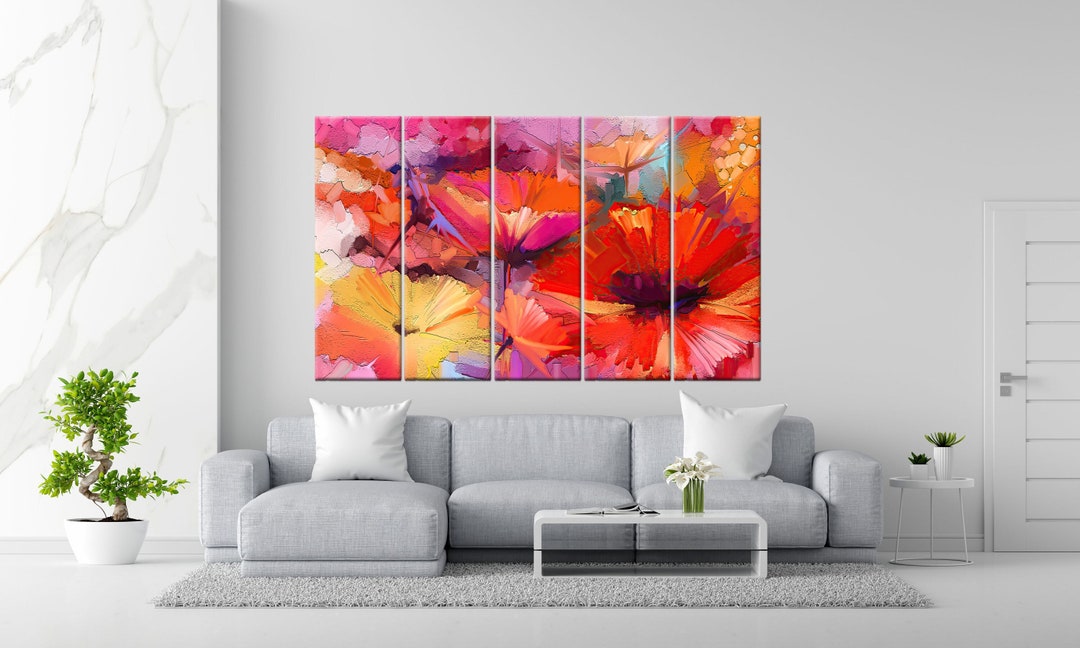 Spring Flower Wall Art, Flowers Canvas Print, Brush Stroke Yellow Red ...