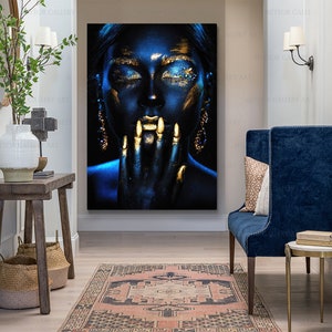 Beautiful Woman Wall Art, Blue Woman Canvas Art, Navy Blue Yellow ...