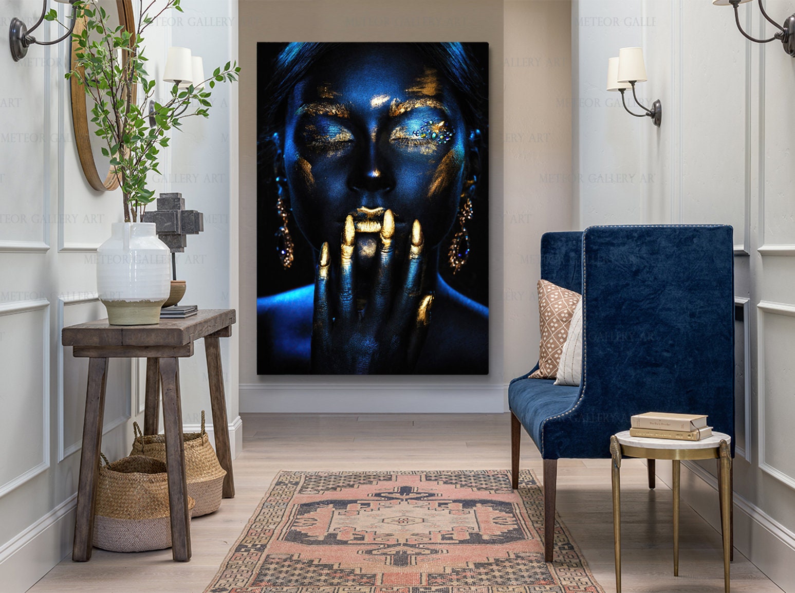 Beautiful Woman Wall Art, Blue Woman Canvas Art, Navy Blue Yellow ...