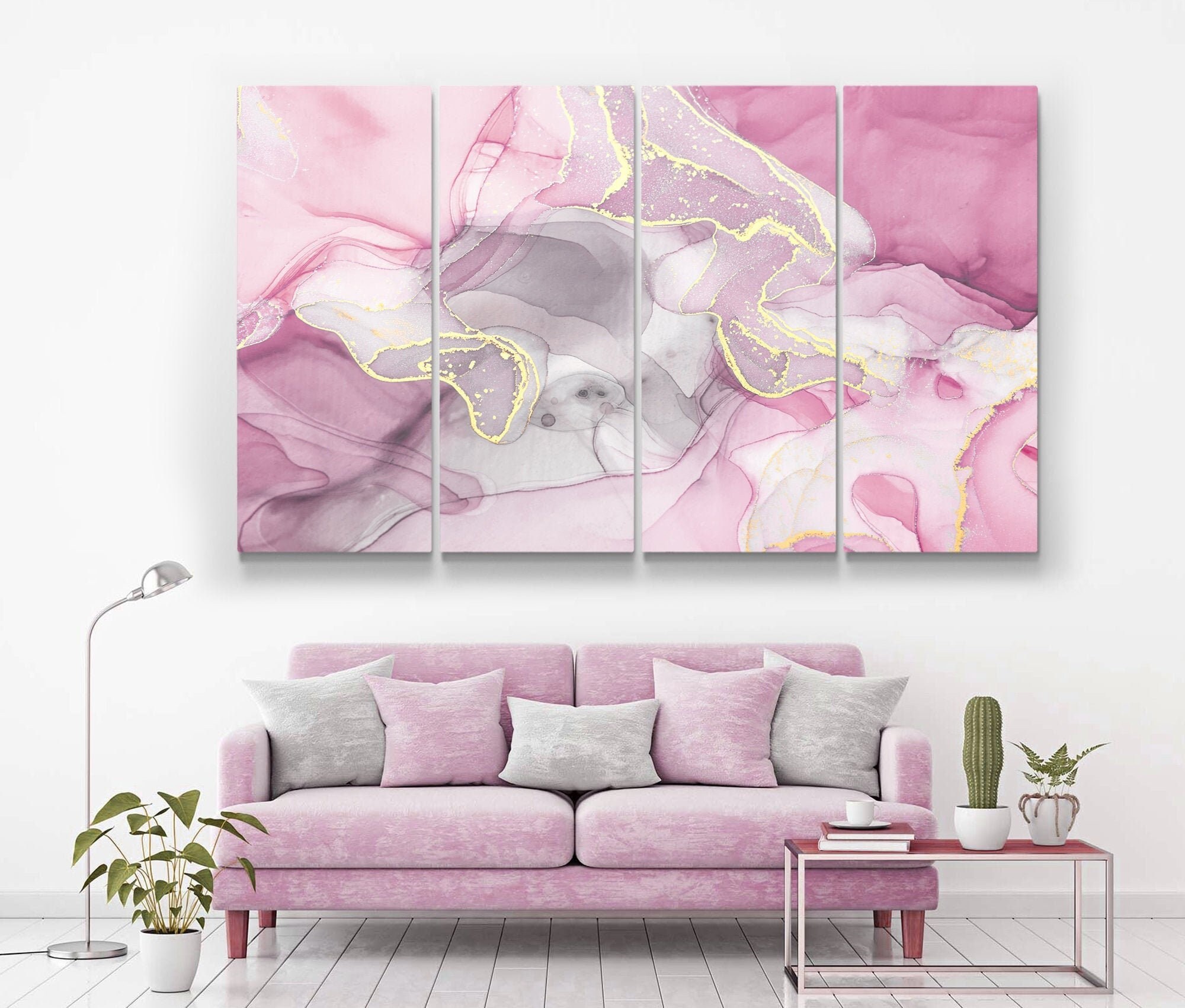 Pink and Yellow Abstract Wall Art, Pink Canvas Print, Grey Gold Marble ...