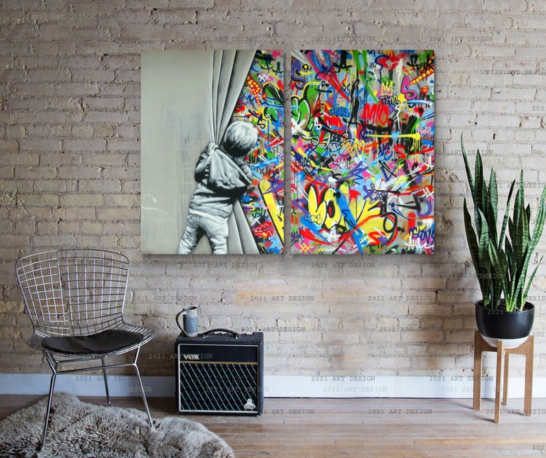 Street art su tela, bambini di Banksy che fanno pipì sul muro, arte su ...