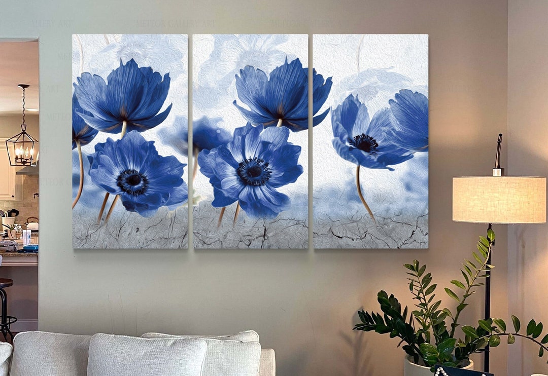Blue Flower Canvas Art, Abstract Floral Blue Color Wall Art, Modern ...