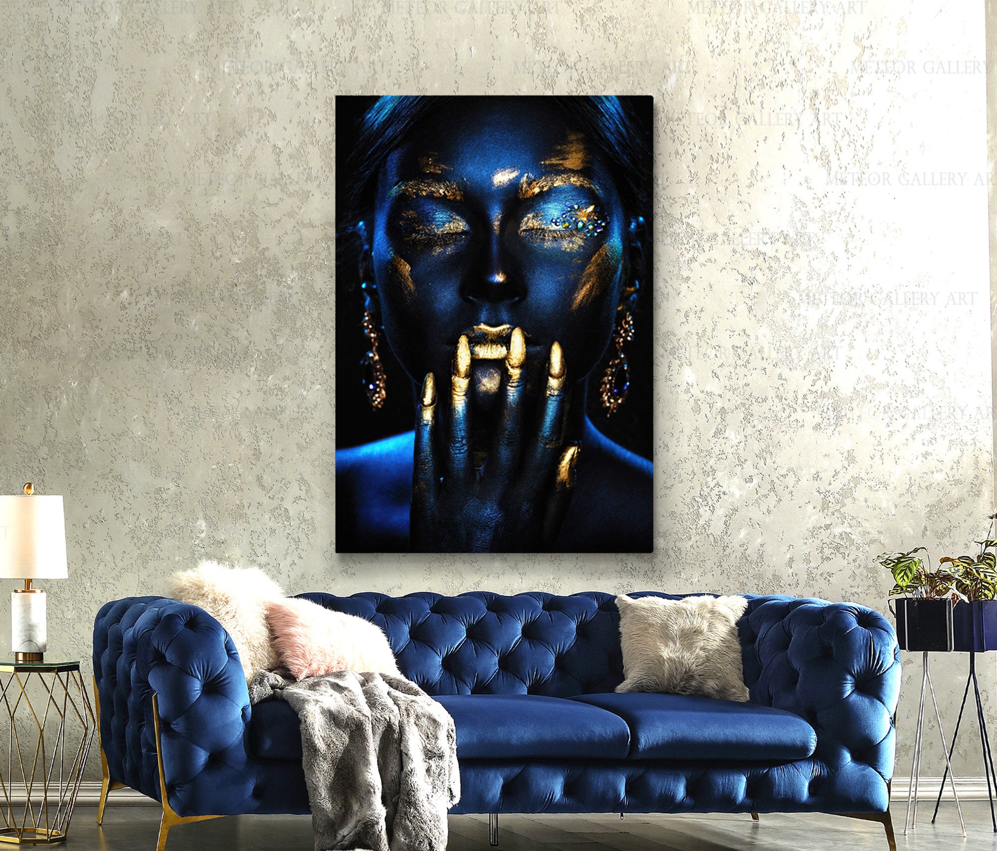 Beautiful Woman Wall Art, Blue Woman Canvas Art, Navy Blue Yellow ...