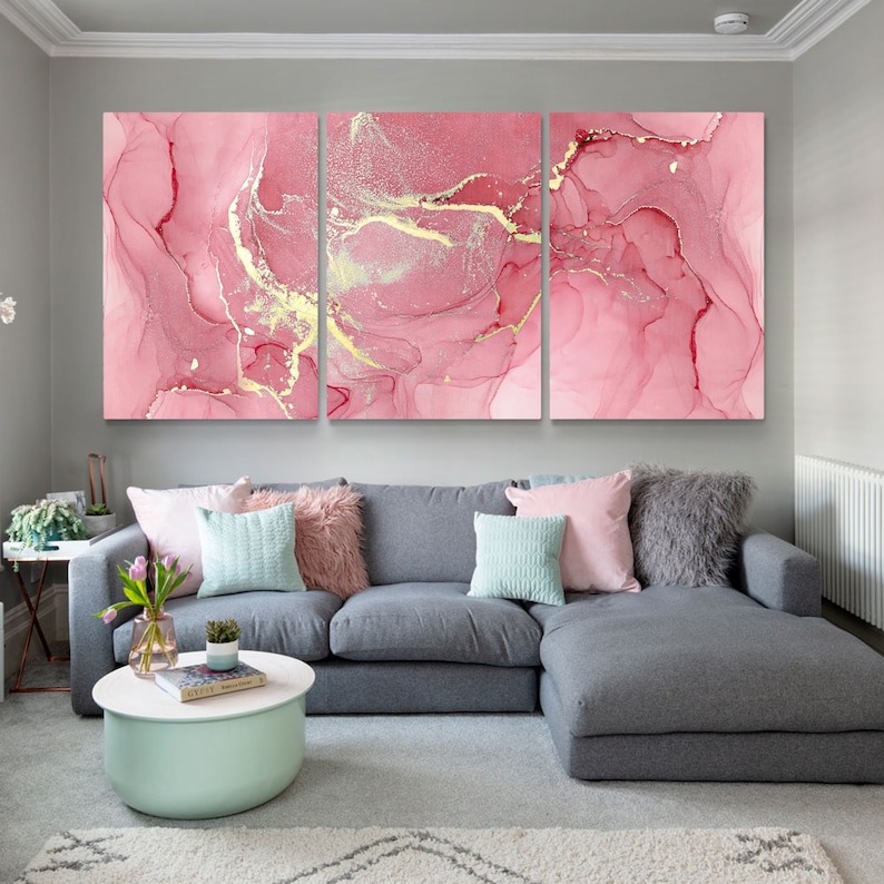Pink Abstract Canvas Wall Art, Pink Yellow Canvas Print, Marble Pink ...