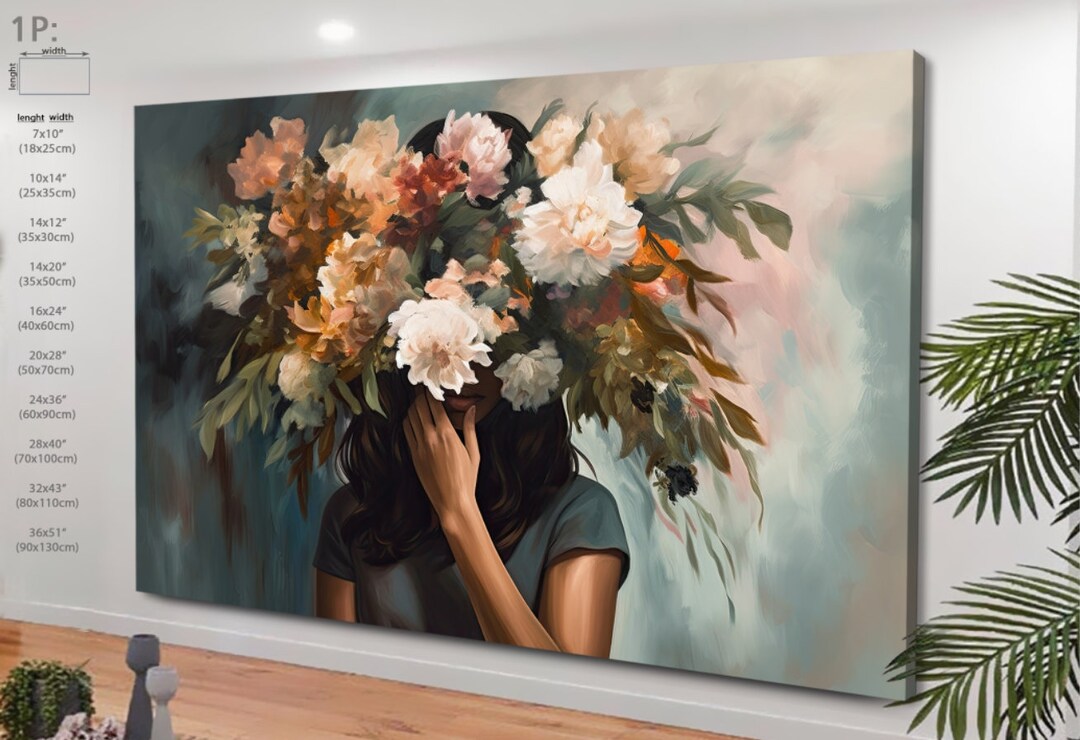 Woman Head Flowers Wall Art, Woman Canvas Wall Art, Flowers Canvas ...