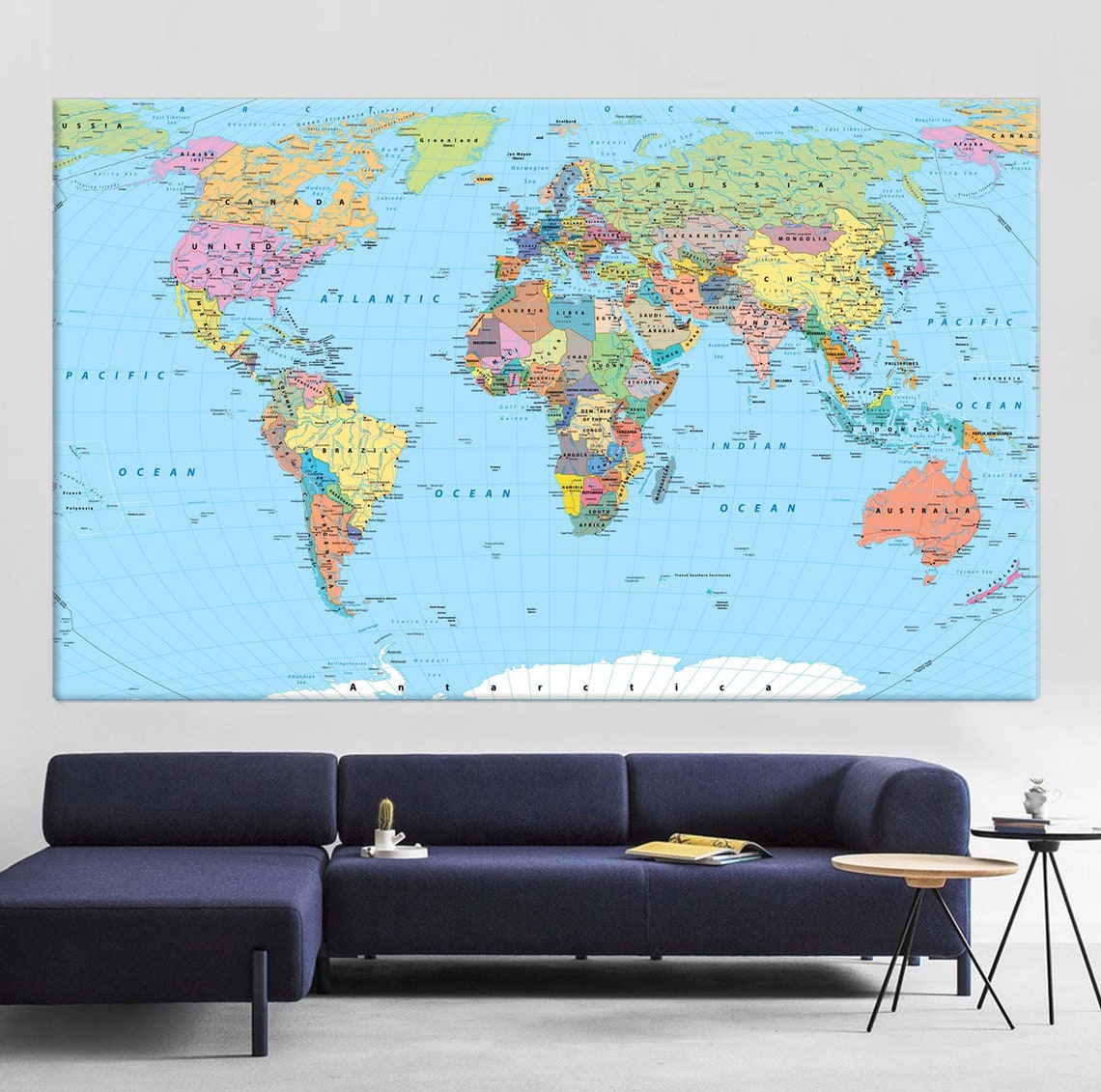 Political World Map Painting Blue Color Map Wall Map World - Etsy
