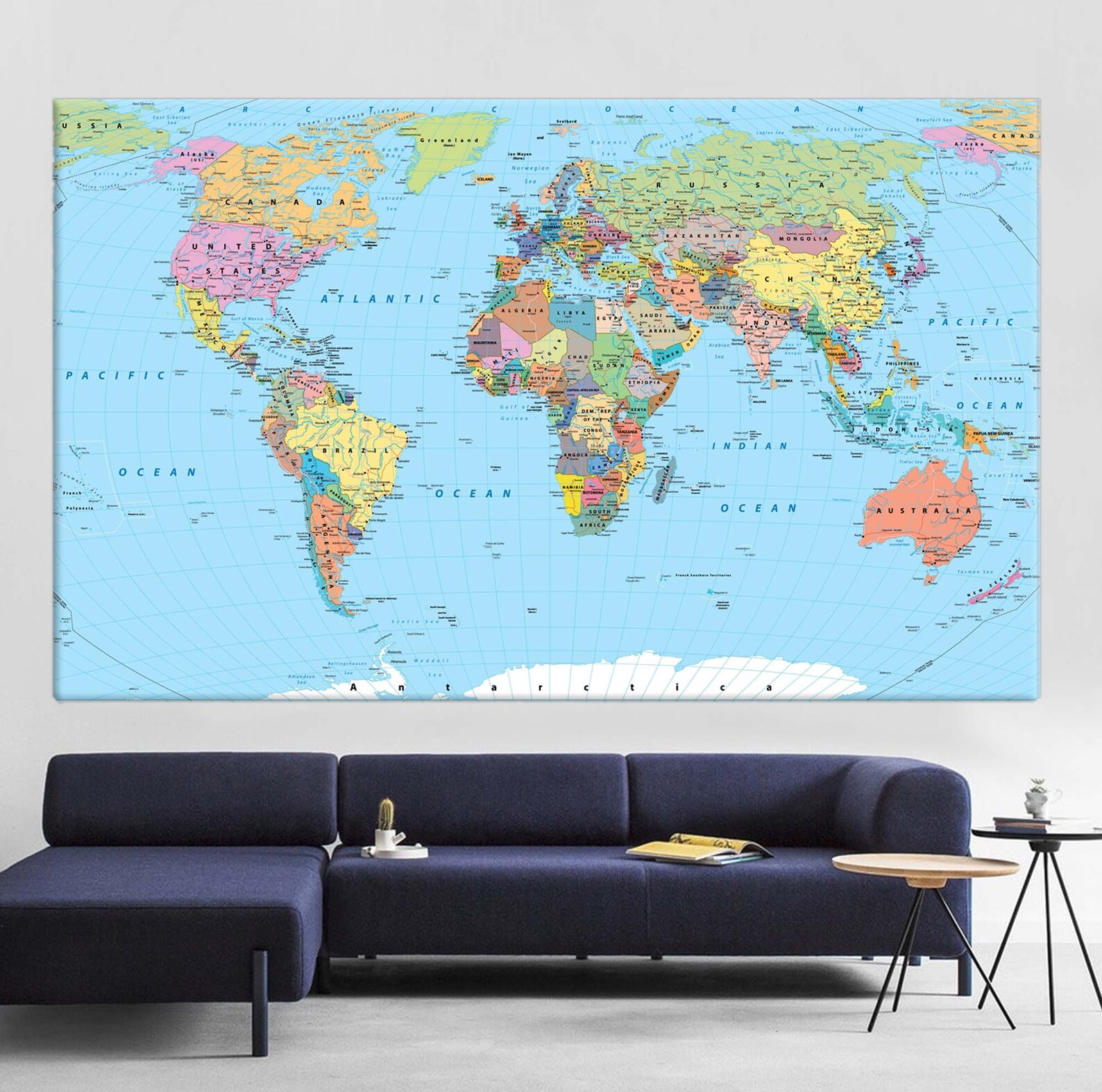 Political World Map Painting Blue Color Map Wall Map World - Etsy