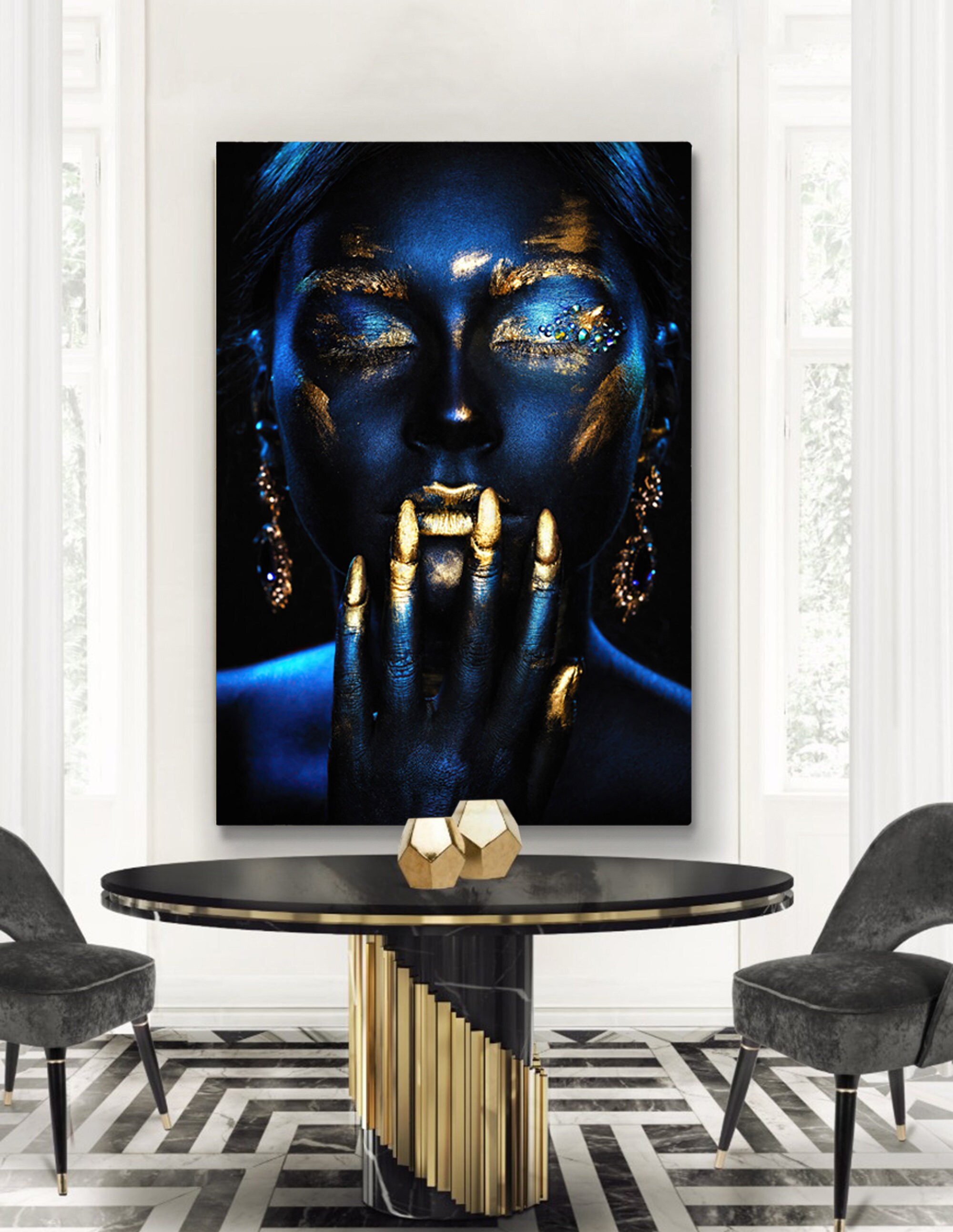 Beautiful Woman Wall Art, Blue Woman Canvas Art, Navy Blue Yellow ...