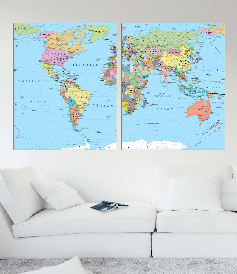 Political World Map Painting Blue Color Map Wall Map World - Etsy