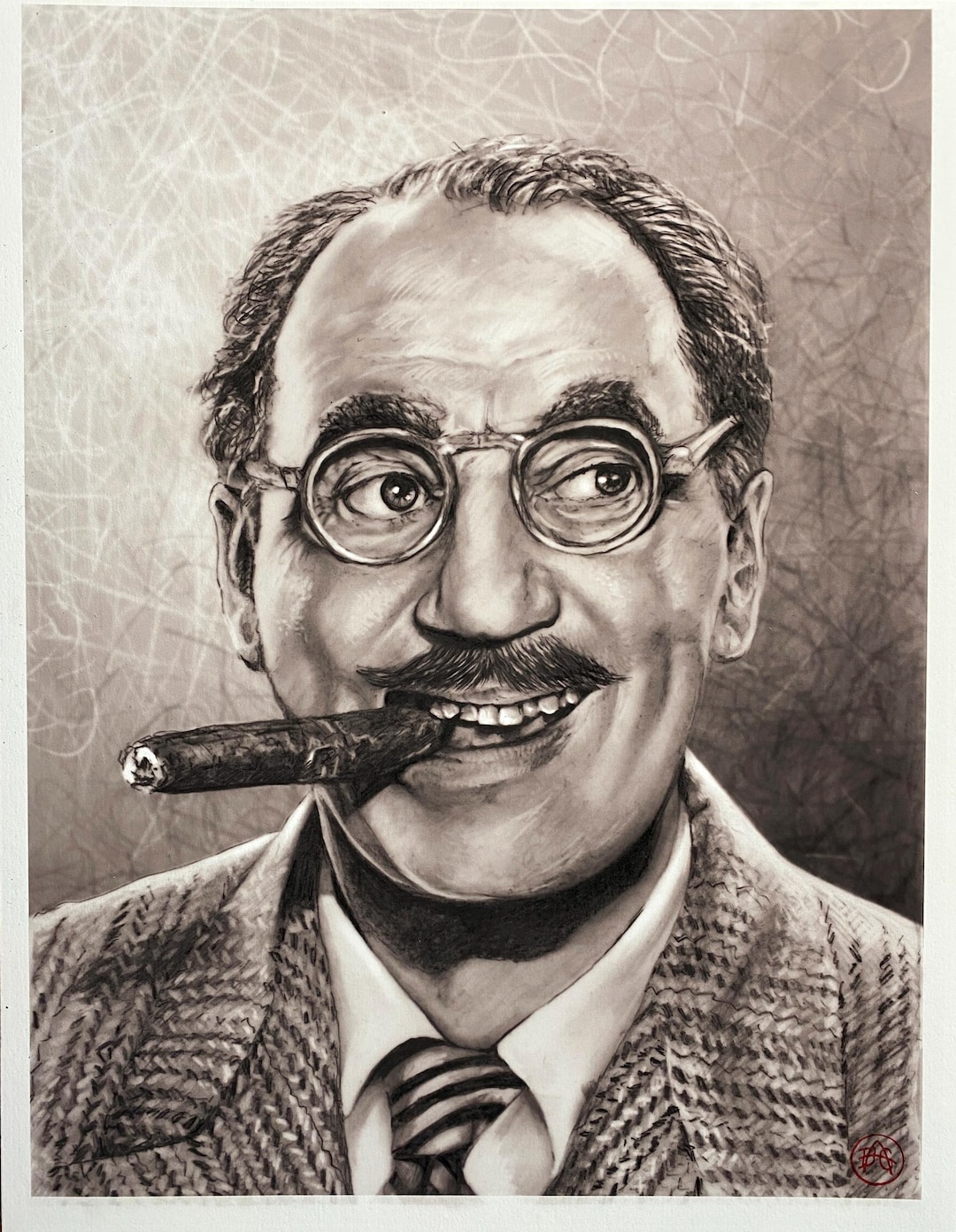 Groucho Marx Print: Sepia Pencil Drawing Portrait, 1950s Publicity ...