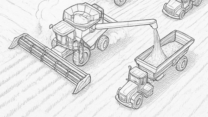 Realistic Farm Harvest Coloring Page | Modern Combine & Grain Cart ...