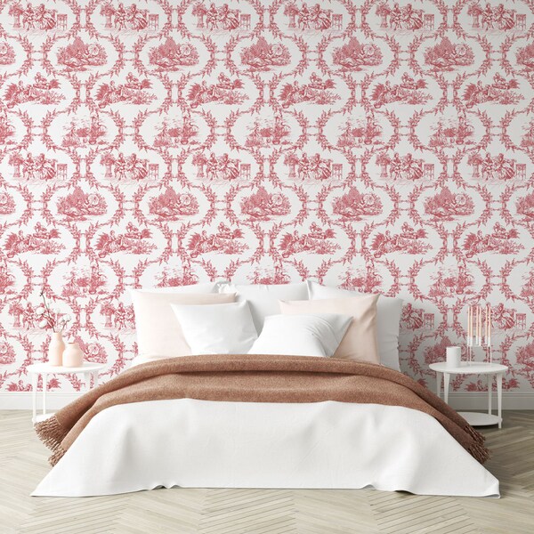 Red Toile Wallpaper - Etsy