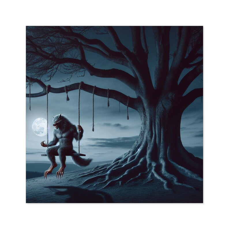 Square Stickers, Indoor/outdoor, Werewolf Swinging on Swing Night Decal ...