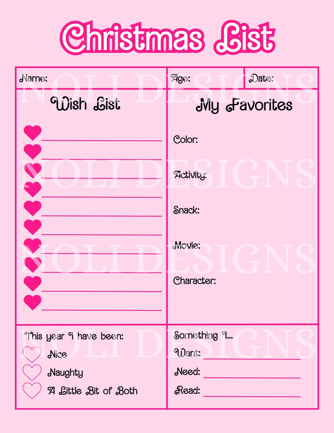 Pink Printable Christmas List - Etsy