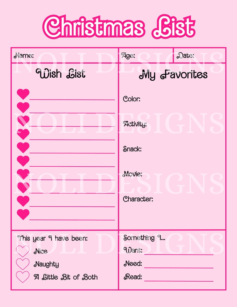 Pink Printable Christmas List - Etsy
