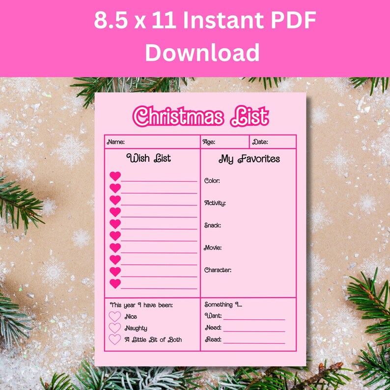Pink Printable Christmas List - Etsy