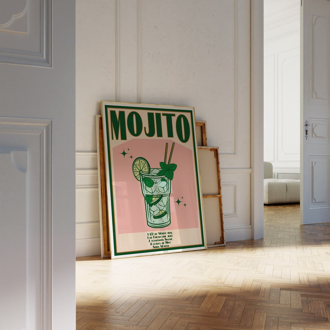 Mojito Print | Retro Cocktail Art | A0 A1 A2 A3 A4 A5 | Drinks Cart L ...