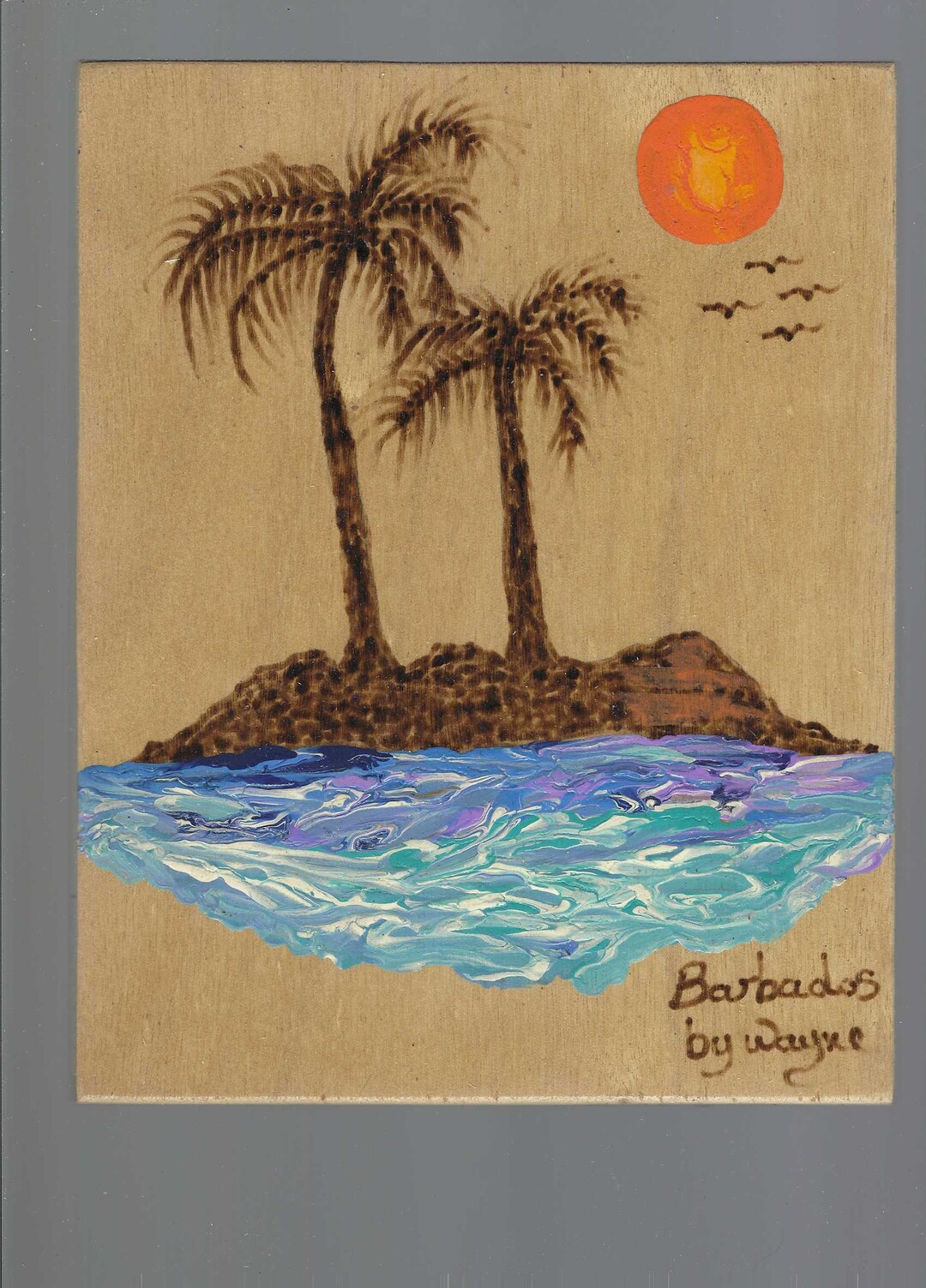 Barbados Wooden Island Palm Trees Ocean Etched by Bajan Artist Wayne ...