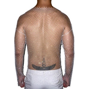 White Bling Rhinestone Crystal Mesh Long Sleeves Top, Unisex Design ...