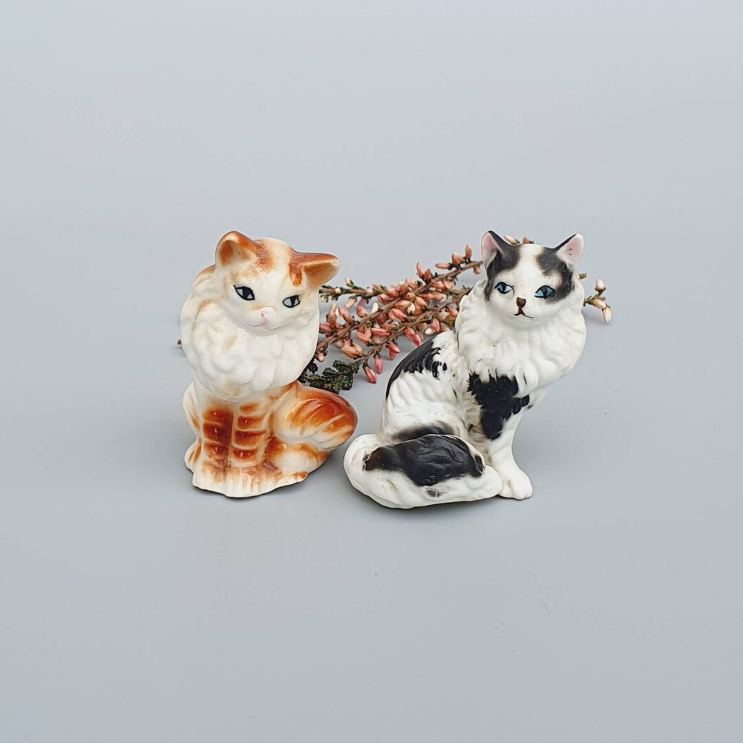Vintage Small Ceramic Fluffy Cats Black Ginger Bone China Cat Ornaments ...