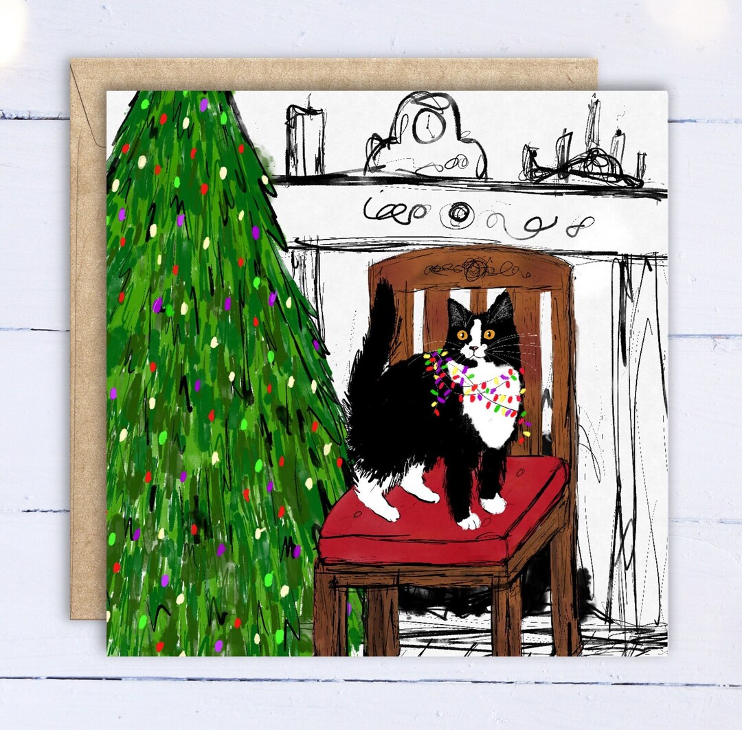 Cat and Fairy Lights Christmas Card. Black and White Cat Christmas Card ...
