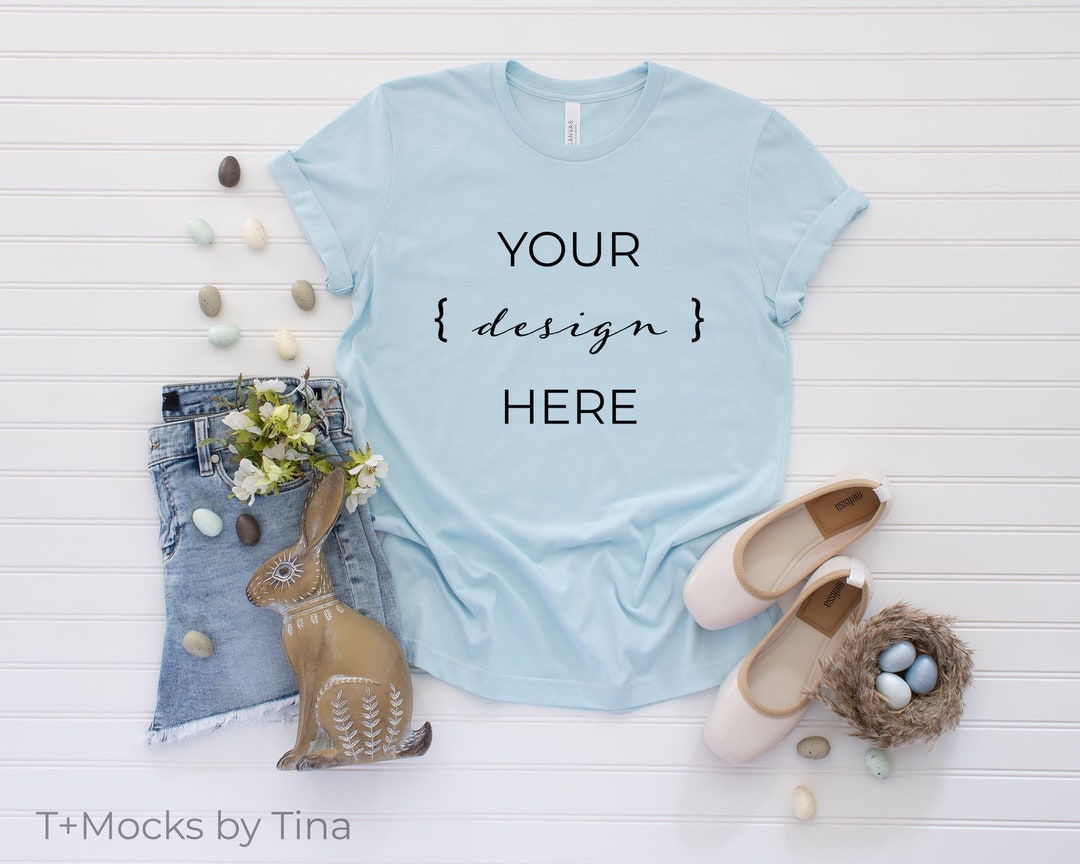 Bella Canvas 3001 Mockup | Heather Ice Blue T-shirt Flat Lay (digital ...