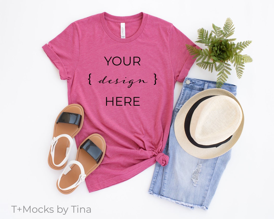 Heather Raspberry T-shirt Mockup Bella Canvas 3001 T-shirt Flat Lay ...